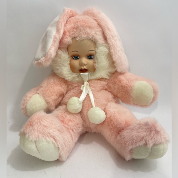 Toys | Vintage Large 18 Pink Plush Rabbit With Porcelain Baby Doll Face ...
